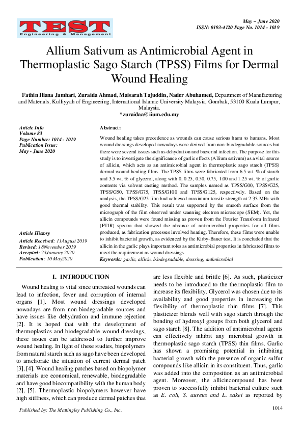 (PDF) Allium sativum as antimicrobial agent in Thermoplastic Sago Starch (TPSS) films for dermal ...