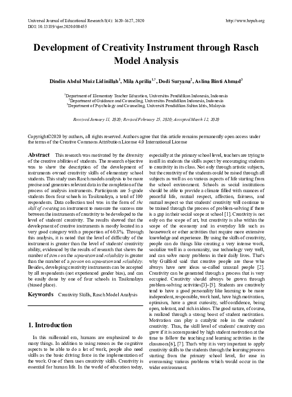 (PDF) Development of Creativity Instrument through Rasch Model Analysis