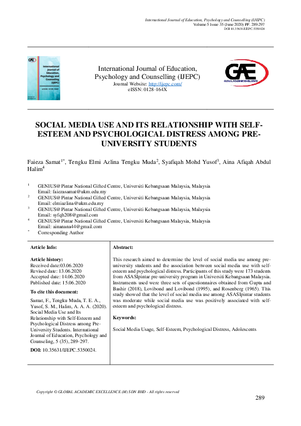 (PDF) Social Media Use and Its Relationship with Self-Esteem and Psychological Distress Among ...