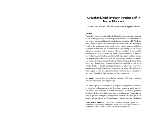 (PDF) A Fourth Industrial Revolution Paradigm Shift in Teacher Education?
