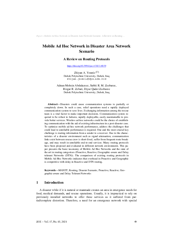(PDF) Mobile Ad Hoc Network in Disaster Area Network Scenario: A Review on Routing Protocols