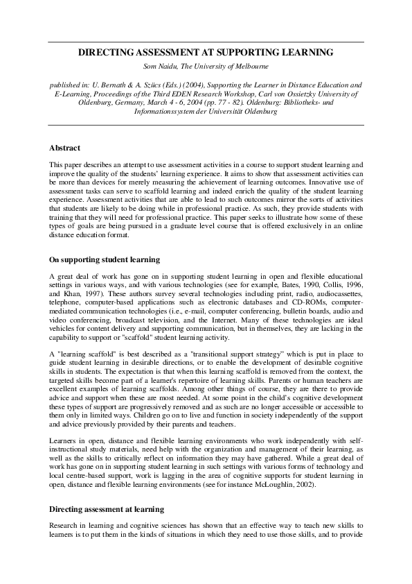 (PDF) Directing assessment at supporting learning