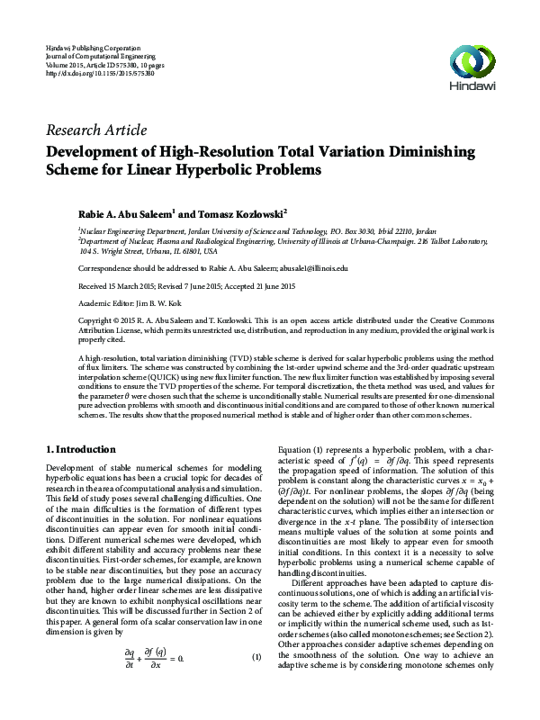 (PDF) Development of High-Resolution Total Variation Diminishing Scheme for Linear Hyperbolic ...