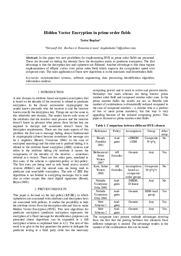 Pdf Hidden Vector Encryption In Prime Order Fields Tudor Bogdan