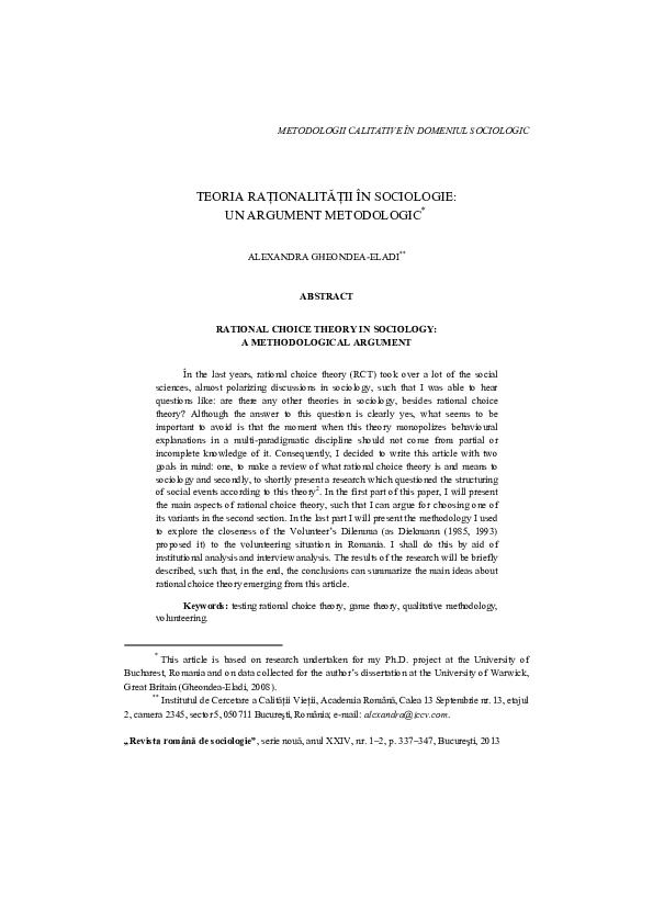 (PDF) Rational Choice Theory in Sociology: A Methodological Argument