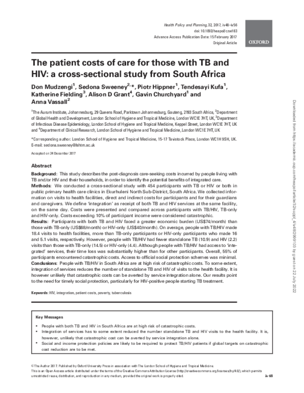(PDF) The patient costs of care for those with TB and HIV: a cross-sectional study from South Africa