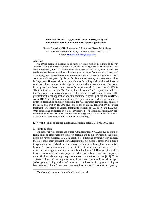 (PDF) Effects of Atomic Oxygen and Grease on Outgassing and Adhesion of ...