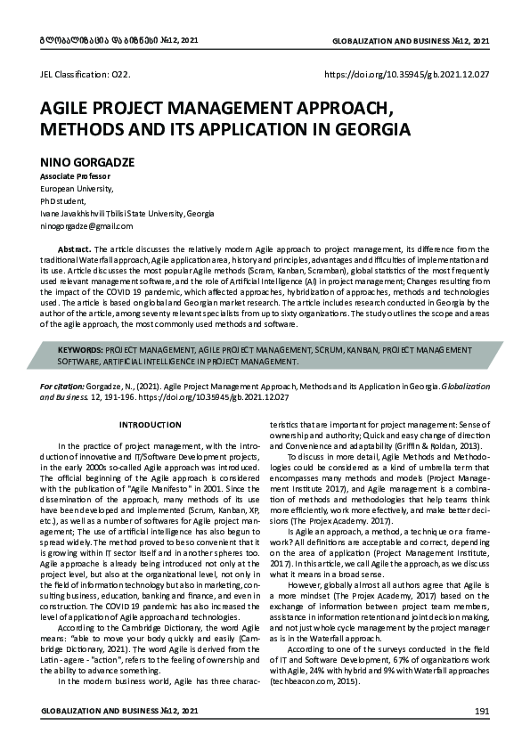 (PDF) Agile Project Management Approach, Methods and Its Application in Georgia