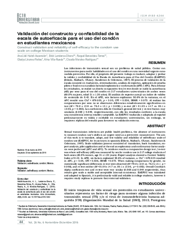 Pdf Construct Validation And Reliability Of Self Efficacy To The Condom Use Scale On College