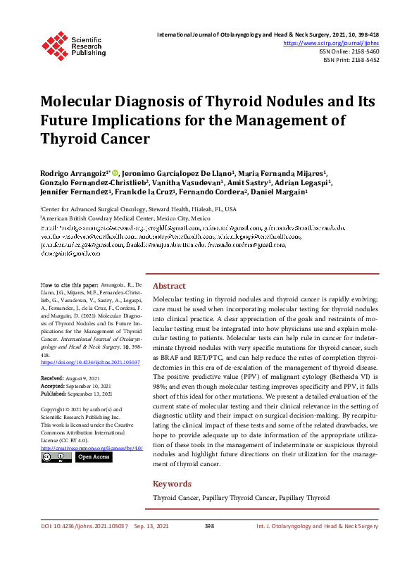 (PDF) Molecular Diagnosis of Thyroid Nodules and Its Future Implications for the Management of ...