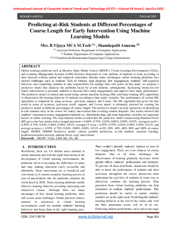 (PDF) Predicting at-Risk Students at Different Percentages of Course Length for Early ...