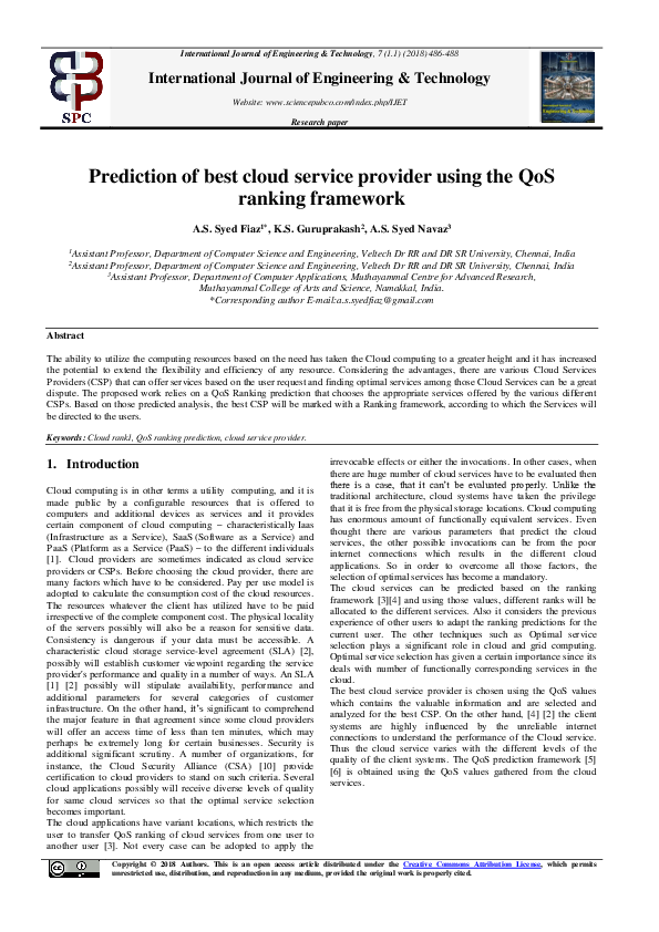 Prediction Of Best Cloud Service Provider Using The Qos Ranking Framework 