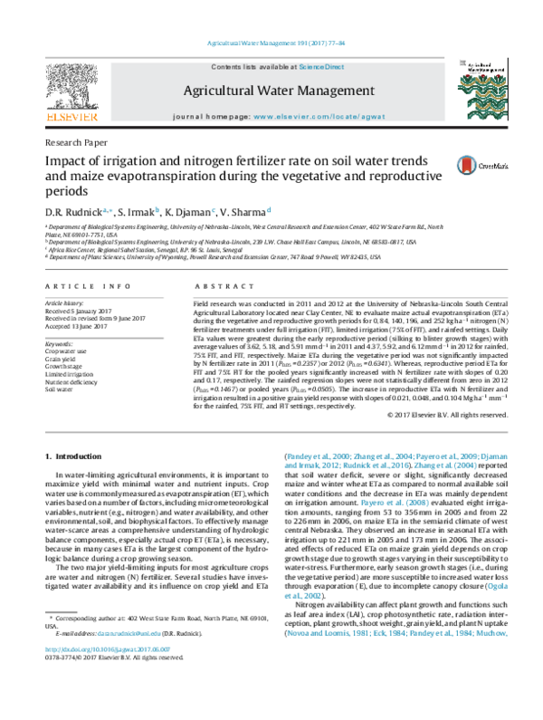 (PDF) Impact of irrigation and nitrogen fertilizer rate on soil water trends and maize ...