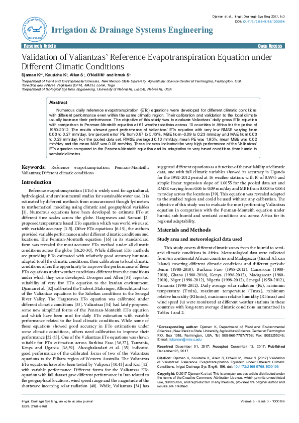 (PDF) Validation of Valiantzas Reference Evapotranspiration Equation under Different Climatic ...
