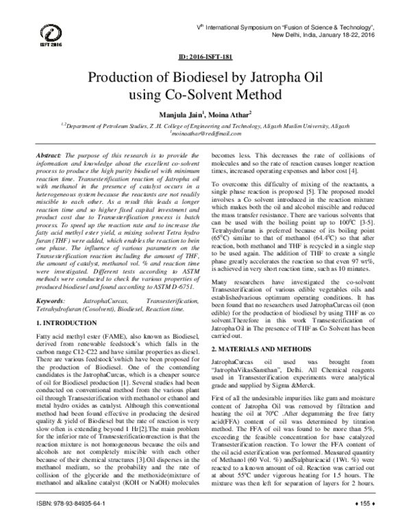 (PDF) Production of Biodiesel by Jatropha Oil Using Co-Solvent Method