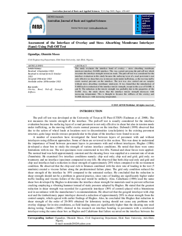 (PDF) Assessment of the Interface of Overlay and Stess Absorbing ...