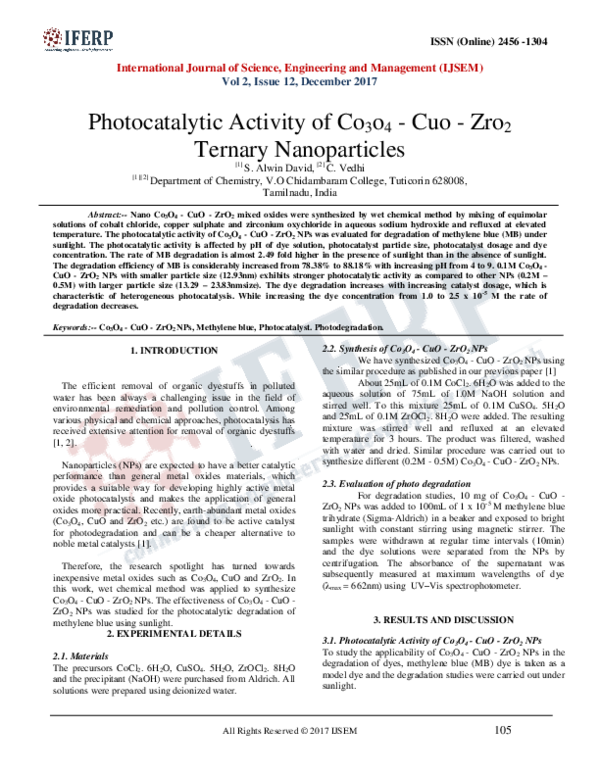 (PDF) Photocatalytic Activity of Co3o4-Cuo-Zro2 Ternary Nanoparticles