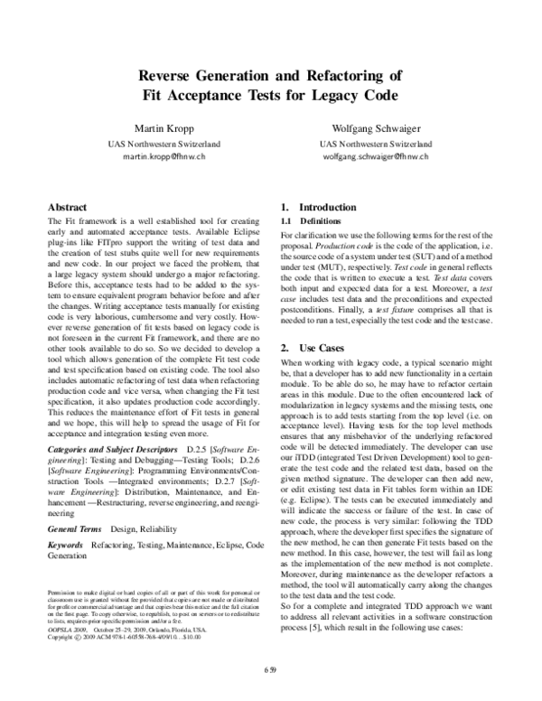 Pdf Reverse Generation And Refactoring Of Fit Acceptance Tests For Legacy Code