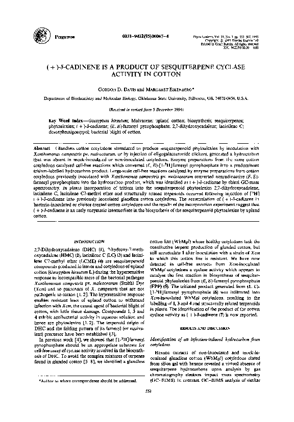 (PDF) (+)-δ-Cadinene is a product of sesquiterpene cyclase activity in ...