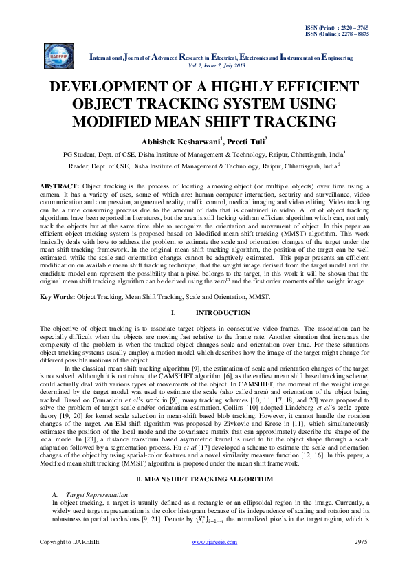 (PDF) Development of a Highly Efficientobject Tracking System Usingmodified Mean Shift Tracking