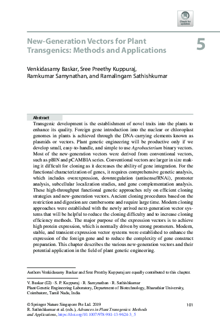 (PDF) New-Generation Vectors for Plant Transgenics: Methods and ...