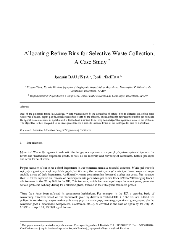 (PDF) Allocating Refuse Bins for Selective Waste Collection, A Case Study