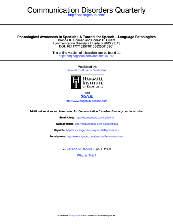 (PDF) Phonological Awareness in Spanish | Brenda Gorman - Academia.edu