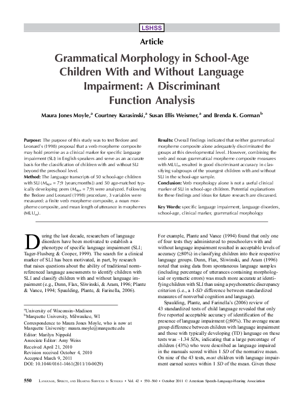(PDF) Grammatical Morphology in School-Age Children With and Without ...