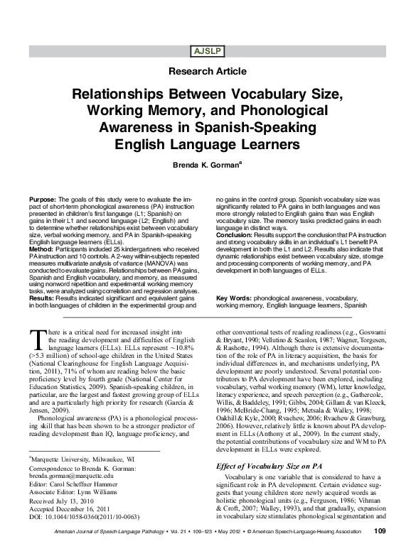 (PDF) Relationships Between Vocabulary Size, Working Memory, and Phonological Awareness in ...