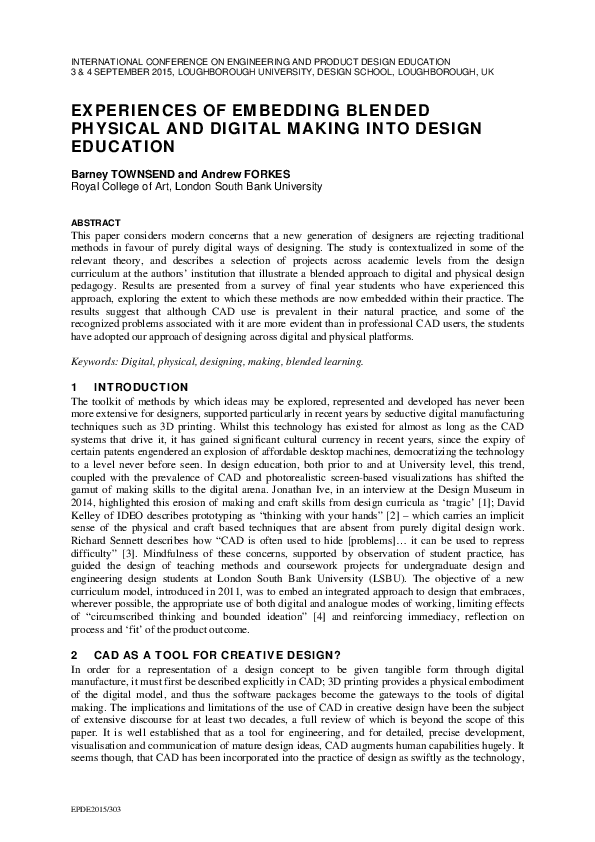 (PDF) Experiences of Embedding Blended Physical and Digital Making Into Design Education
