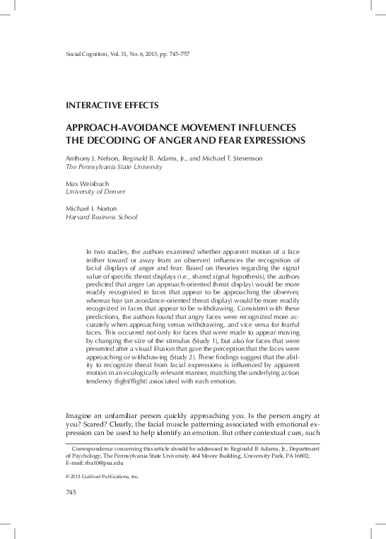 (PDF) Approach-Avoidance Movement Influences the Decoding of Anger and ...