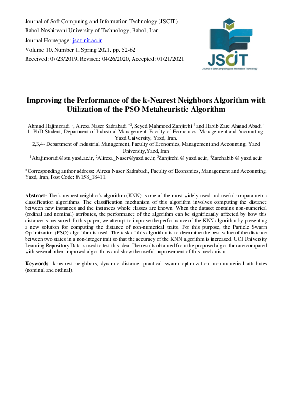 (PDF) Improving the Performance of the k-Nearest Neighbors Algorithm with Utilization of the PSO ...