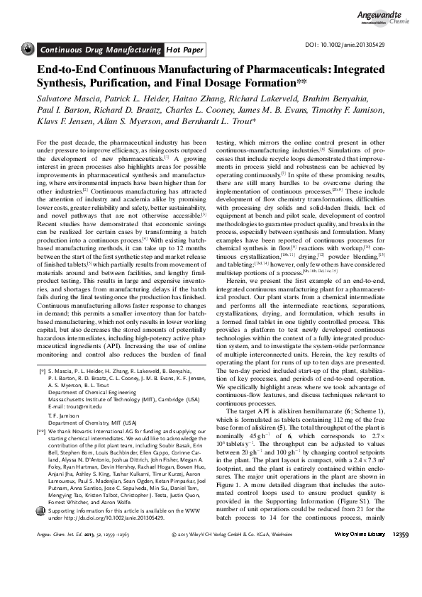 (PDF) End-to-End Continuous Manufacturing of Pharmaceuticals ...