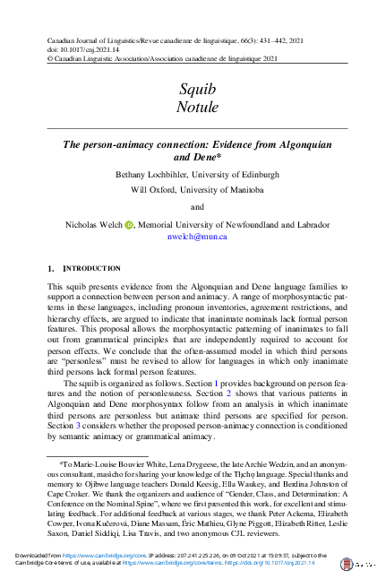(PDF) The person-animacy connection: Evidence from Algonquian and Dene
