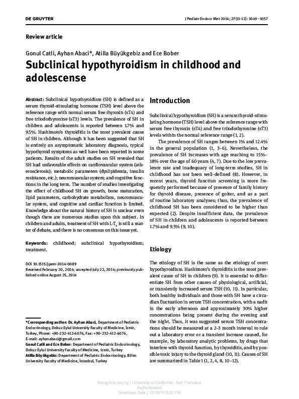 (PDF) Subclinical hypothyroidism in childhood and adolescense