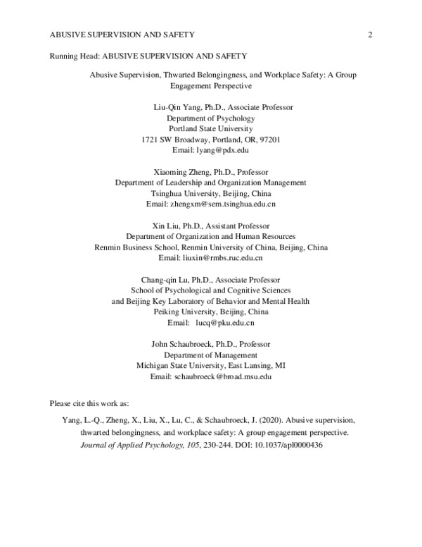 (PDF) Abusive supervision, thwarted belongingness, and workplace safety: A group engagement ...