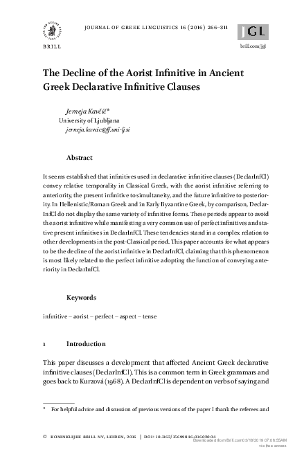 (PDF) The Decline of the Aorist Infinitive in Ancient Greek Declarative ...