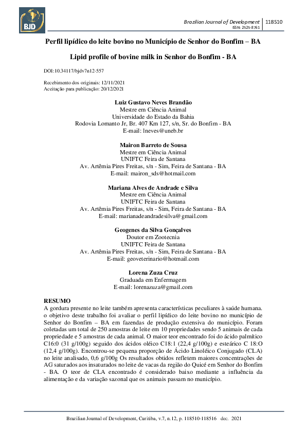 (PDF) Perfil lipídico do leite bovino no Município de Senhor do Bonfim ...