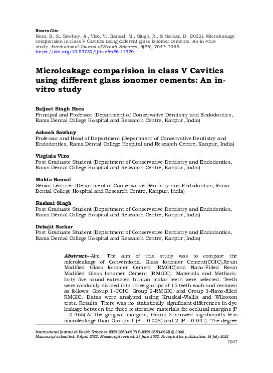 Pdf Microleakage In Class V Cavities Cement Comparison