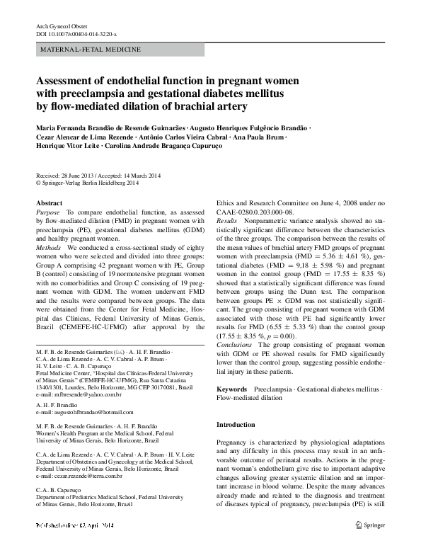 Pdf Assessment Of Endothelial Function In Pregnant Women With
