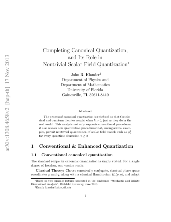 (PDF) Completing Canonical Quantization, and Its Role in Nontrivial Scalar Field Quantization