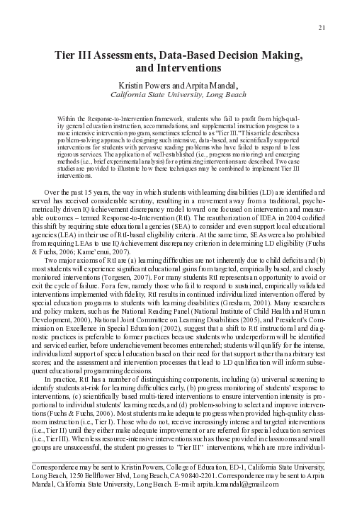(PDF) Tier III Assessments, Data-Based Decision Making, and Interventions