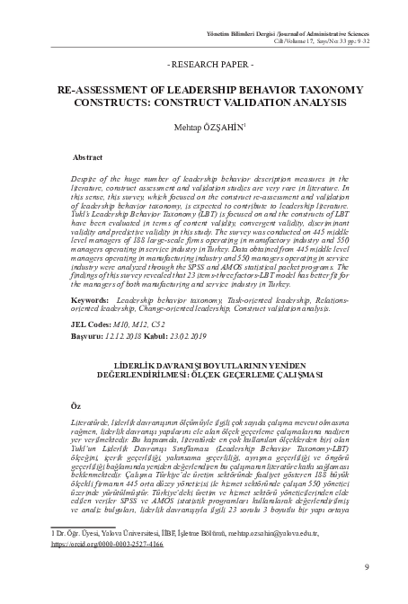 (PDF) Re-Assessment of Leadership Behavior Taxonomy Constructs: Construct Validation Analysis