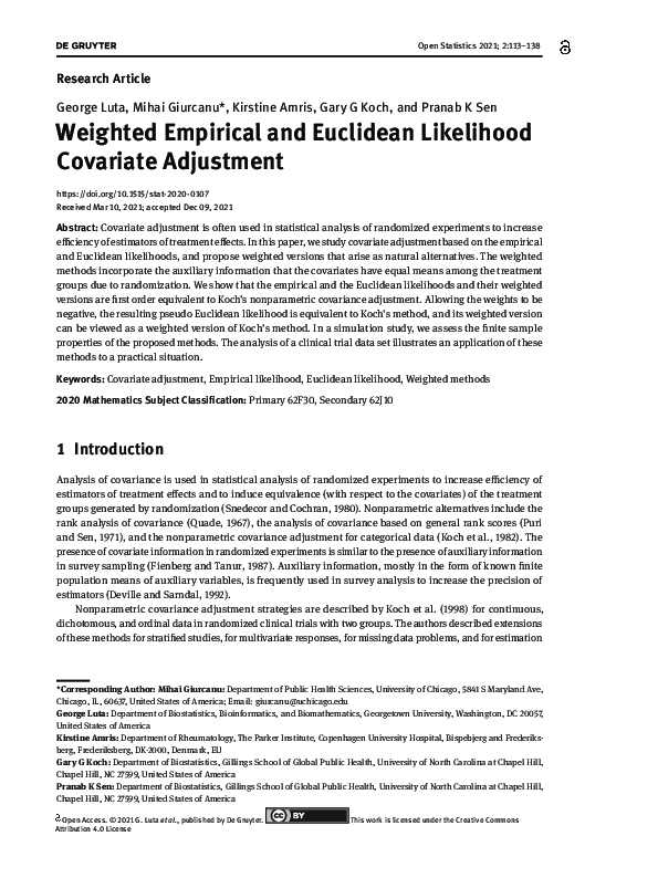 (PDF) Weighted Empirical and Euclidean Likelihood Covariate Adjustment | Mihai Giurcanu ...