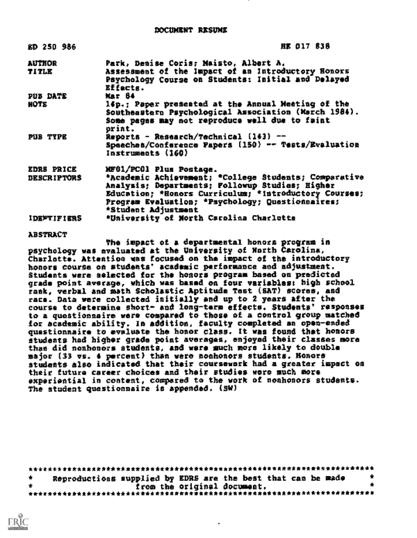 (PDF) Assessment of the Impact of an Introductory Honors Psychology ...