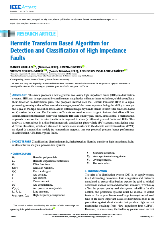 (PDF) Hermite Transform Based Algorithm for Detection and Classification of High Impedance Faults