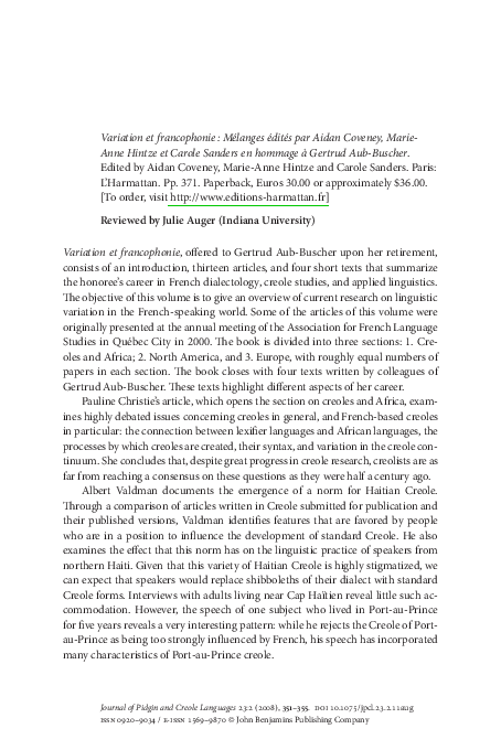 (PDF) Variation et francophonie : Mélanges édités par Aidan Coveney ...