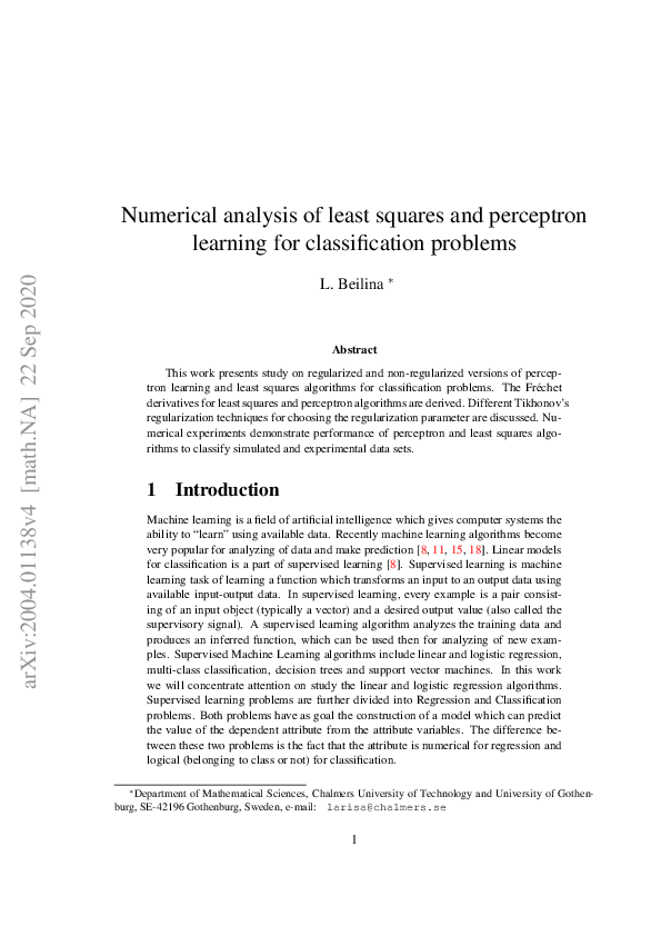 Pdf Numerical Analysis Of Least Squares And Perceptron Learning For Classification Problems