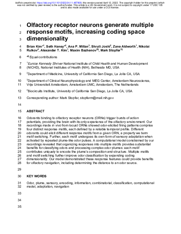 (PDF) Olfactory receptor neurons generate multiple response motifs, increasing coding space ...