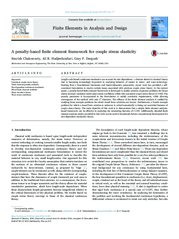 (PDF) A penalty-based finite element framework for couple stress elasticity